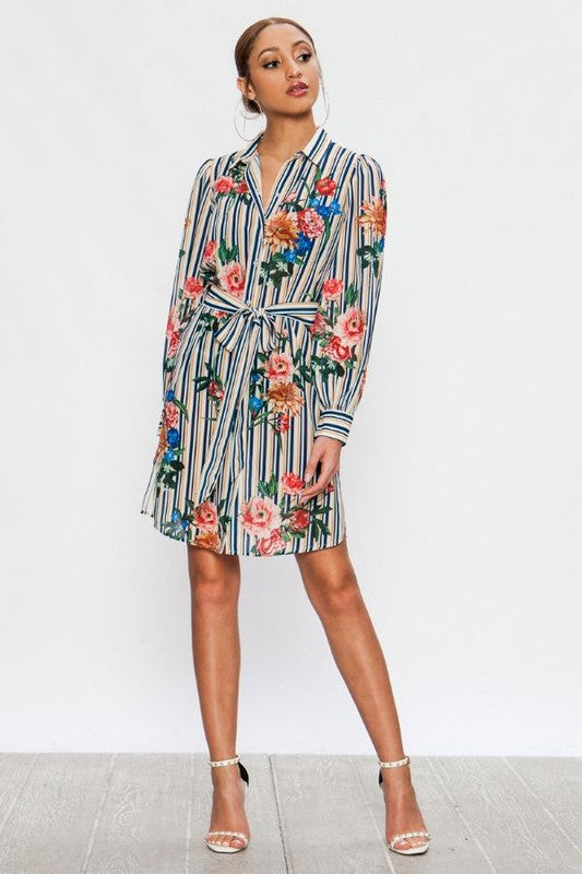 Mixed Print Shirt Dress - Dress Album