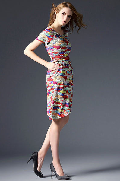 Fish Print Short Sleeve Dress With Asymmetric Hem - Summer Dress ...