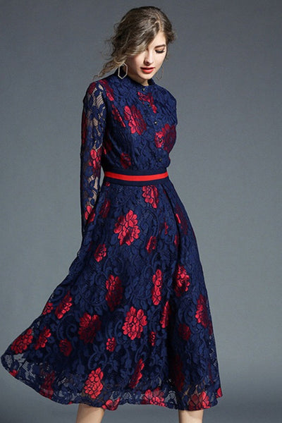 Two Color Flower Lace Dress - Dress Album