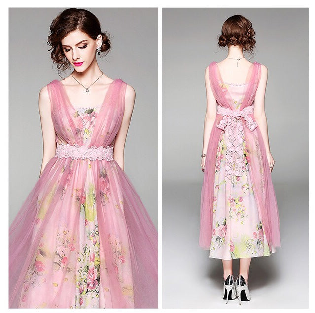 Floral Print Fit and Flare Party Dress With Mesh Overlay | Dress Album